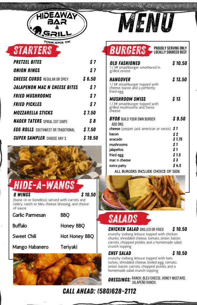 Hideaway Menu Featuring Burgers, Wings, Salads, Pizza & More